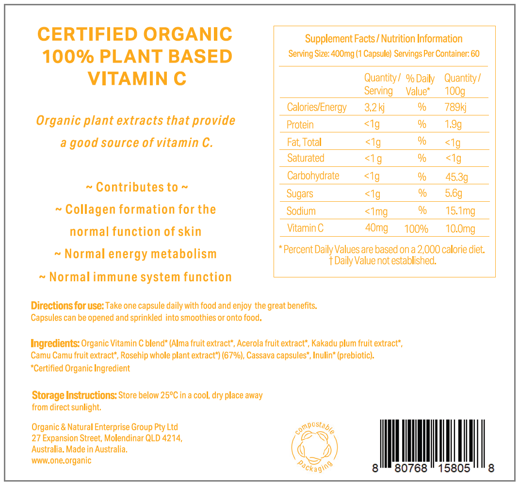 VITAMIN C Certified Organic 100% Plant based 60 capsules – One Organic ...